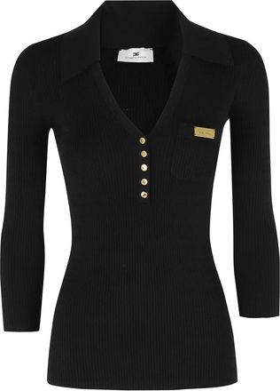 Elisabetta Franchi Femme, Pulls, Noir, Taille: 40 FR Polo en maille micro-tress&eacute;e