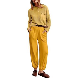 Generic Ensemble de surv&ecirc;tement d&eacute;contract&eacute; en coton et lin pour femme - Chemise de couleur unie - Pantalon large - Combinaison de loisirs pour femme, jaune, 