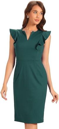 Allegra K Robe Midi Fourreau Femme à Manches Capes à Volants Col en V Robes Crayon de Business Fendue Vert XL