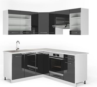 Vicco Eckküche Fame-Line, Anthrazit Hochglanz/Weiß, 160 x 190 cm, ap Marmor