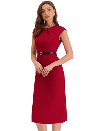 Allegra K Elegantes B&uuml;rokleid f&uuml;r Damen mit Rundhalsausschnitt, Kapuzen&auml;rmeln, G&uuml;rtel und Etuikleidern zur Arbeit, rot, M