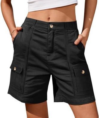 Minetom Bermuda Femme Cargo Shorts Jambe Large Confortable Taille Haute Été Solide Chino Capri Short avec Poches Pantalon Court Décontracté B Noir XXL