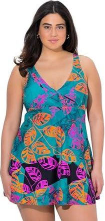 Ulla Popken Badekleid, Bl&auml;tter, Softcups, Powermesh-vorderfutter Maillot de Bain Une pi&egrave;ce, Noir, 48 FR/50 FR Femmes