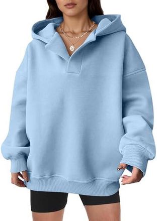 Generic Sweat &agrave; capuche surdimensionn&eacute; &agrave; col en V pour femme - Pull en polaire &agrave; manches longues - V&ecirc;tements Y2K - Tenue tendance automne 2025, bleu clair, XX