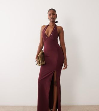 the frolic exclusivit&eacute; robe longue plum en bengaline &agrave; oeillets, dos nu et d&eacute;collet&eacute; plongeant-VIOLET