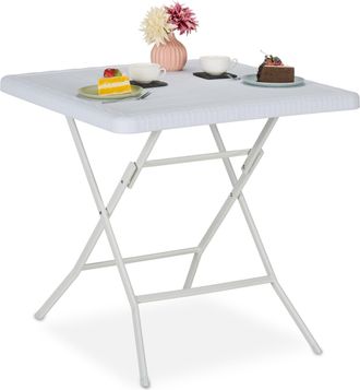 Relaxdays Gartentisch Holz-Optik, quadratisch, HBT: 74x78x78 cm, Balkontisch, Kunststoff, Metall, Outdoortisch, weiß