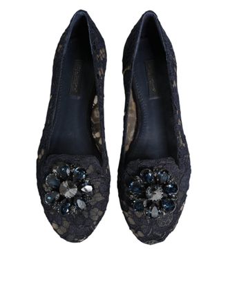Dolce & Gabbana Womens Blue Taormina Lace Crystals Flats Shoes Viscose Cotton Nylon