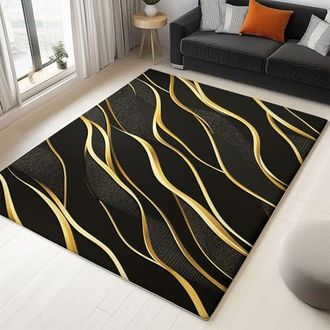 Generic Tapis Salon 180 x 240 cm Noir et Or Tapis Doux Antid&eacute;rapant pour Chambre, Runner Lavable Rayures Dor&eacute;es Luxueuses Ondul&eacute;es, Runner de Sol pour Bureau 