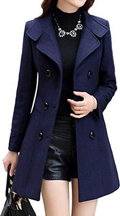 ORANDESIGNE Manteau en Laine Double Boutonnage Manches Longues &eacute;l&eacute;gant Femme Blouson Bleu fonc&eacute; L