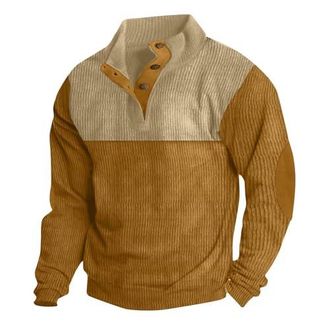 Generic Sweat-shirt chaud en velours c&ocirc;tel&eacute; d&eacute;contract&eacute; &agrave; col montant pour homme - Pull &agrave; manches longues avec coudi&egrave;res, jaune, 3XL