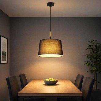 Globo Lighting Suspension LED noire Lampe &agrave; suspendre aspect bois Lampe de salle &agrave; manger Abat-jour textile, m&eacute;tal, 9W 810Lm blanc chaud, DxH 38x120 cm