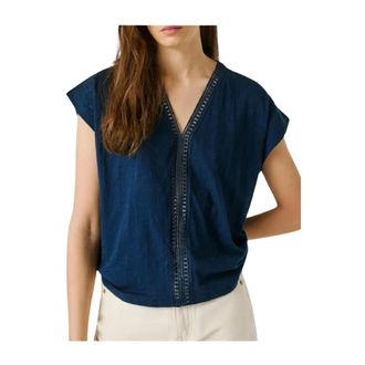 Pepe Jeans London Femme, Blouses et Chemises, Bleu, Taille: 38 FR Top en jersey &agrave; col en V