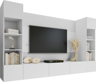 Mirjan24 Wohnwand Deromi, Anbauwand mit Wandpaneele und TV-Lowboard, Akustikplatten, Fernsehschrank, Schrankwand, Mediawand, TV-Lowboard (Weiß + Weiß Marmor, 2
