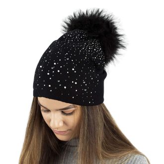 TOSKATOK Ladies Fine Knit Winter M&uuml;tze mit Glitzerapplikation und Gro&szlig;em Pompom aus Kunstfell