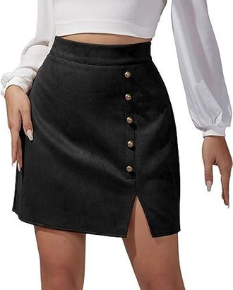 Generic Mini Jupe Sexy Femme Taille Haute- Jupe Portefeuille Vintage D&eacute;contract&eacute; Couleur Unie en Faux Daim Coupe Slim Chic Et &Eacute;l&eacute;gants Fendue Trap&egrave;ze Ligne A 