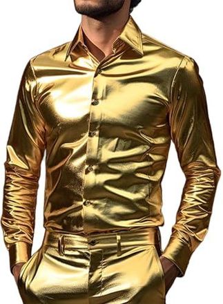 Generic DENGJIAMY Chemise &agrave; manches longues pour homme style disco brillant m&eacute;tallis&eacute; dor&eacute; argent&eacute; chemise boutonn&eacute;e d&eacute;contract&eacute;e tendance unie costume de f&ecirc;t