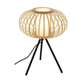 Briloner Bambus Nachttischlampe, Schreibtischlampe Holz, Tischlampe Kabelschalter, Leselampe, Boho, Zimmer Deko, Lampe, E27 Fassung, 28x39,5 cm (DxH)