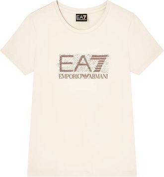 Emporio Armani Emporio Armani Ea7, Femme, Tops, Beige, Taille: 36 FR Sequin Logo T-shirt