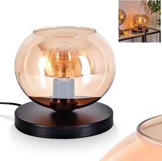 HOFSTEIN Tischleuchte Apedo, Tischlampe aus Metall/Glas in Schwarz/Bernstein, Leuchte im modernen Retro/Vintage-Design mit Schirm aus Glas (&Oslash; 20 cm) u. An/-Aus