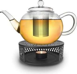 Creano Th&eacute;i&egrave;re en verre de 1,2 l + r&eacute;chaud noir en acier inoxydable - Th&eacute;i&egrave;re en verre avec filtre en acier inoxydable et couvercle - Id&eacute;ale pour la pr&eacute;parat