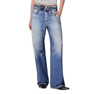 Generic Baggy Jeans pour femme - Coupe droite d&eacute;contract&eacute;e - Pantalon en denim avec poches - &Eacute;l&eacute;gant - Couleur unie - Jambes larges - Confortable - Avec bouto