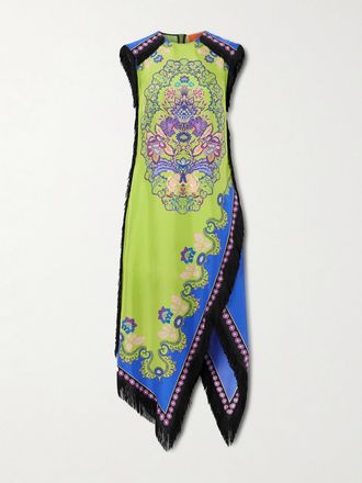 La DoubleJ Asymmetrisches Midikleid Aus Bedruckter Seide Mit Fransen - Gr&uuml;n