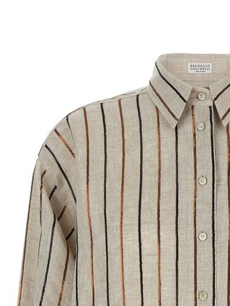 Brunello Cucinelli Sequin Stripe Linen Shirt - Beige