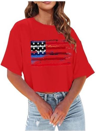 Generic Hauts courts d&eacute;contract&eacute;s pour femmes &agrave; col rond 2025 coupe ample T-shirt court mignon patriotique demi-chemises &agrave; manches courtes pour femme T-shirts