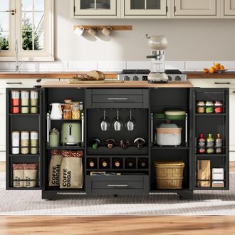 Merax K&uuml;chenwagen K&uuml;cheninsel auf Rollen mit klappbarer Arbeitsplatte, Servierwagen mit Stauraum, Weinregal, Glashalter, Gew&uuml;rzregal & Handtuchhalter, 120x4