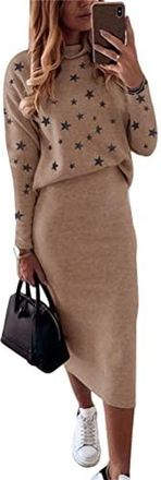 ORANDESIGNE Robe en Tricot Femme Ensemble 2 Pièces Pull Haut et Midi Jupe Tricoté Pull à Col Roulé Robe Tricotée J Kaki M