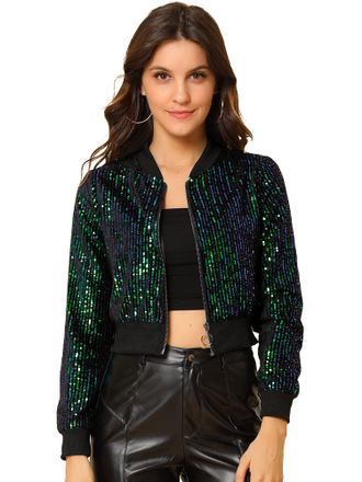 Allegra K Damen Cropped-Paillettenjacke 2025, lang&auml;rmelig, Rei&szlig;verschluss vorne, glitzernd, glitzernd, Bomberjacken, Party, Disco-Outfit, Gr&uuml;n, 3XL