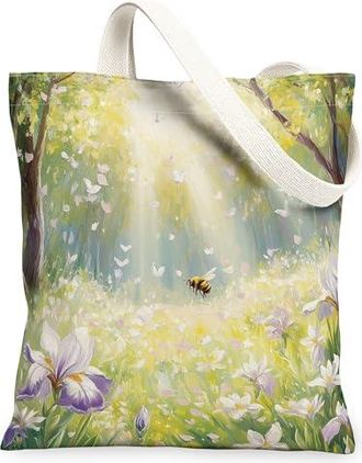 Generic Sac fourre-tout en toile avec iris printaniers pour le shopping, 33 x 38 cm, motif for&ecirc;t, fleurs, abeilles, sac d&eacute;picerie r&eacute;utilisable pour femme, pei