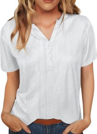 Generic IQYU Chemisier en mousseline surdimensionn&eacute; pour femme - Grandes tailles - Manches courtes - Col en V - Chemise en lin - Couleur unie - Haut d&eacute;t&eacute; en l