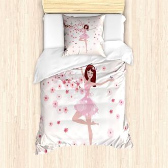 Abakuhaus Ballett Bettbezug Set für Einzelbetten, Ballerina-Mädchen Sakura Baum, Milbensicher Allergiker geeignet mit Kissenbezug, 135 cm x 200 cm - 80 x 80 cm,