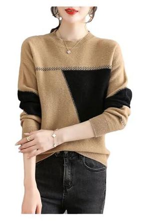 Generic Pull en cachemire de couleur contrast&eacute;e &agrave; col rond pour femme, ample et polyvalent, grand pull &eacute;tranger &agrave; manches longues, kaki, S