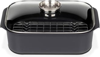 GSW R&ocirc;tissoire rectangulaire Gourmet avec couvercle en verre aromatique et insert pour gril, aluminium moul&eacute;, noir, &oslash; environ 40 x 26 x H 11 cm