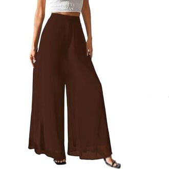Generic Robe de plage en mousseline de soie pour femme, pantalon palazzo &agrave; jambes larges, fluide, l&eacute;ger, long, tendance, pantalon d&eacute;contract&eacute;, marron fonc&eacute;, X