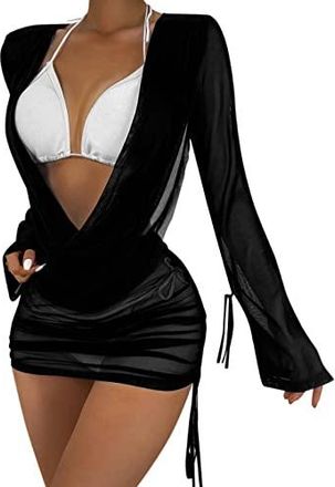 Generic Robe de plage pour femme sexy transparente : robe en maille pour femme à manches longues cardigan court noir bikini Cover Up Sexy Jupe de bikini Chemi
