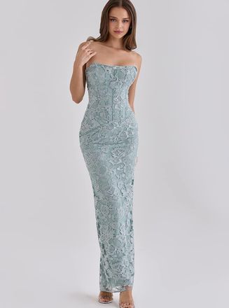House of CB Anisa jadefarbenes, handbesticktes, verziertes tr&auml;gerloses Maxikleid in Jade-Gr&uuml;n