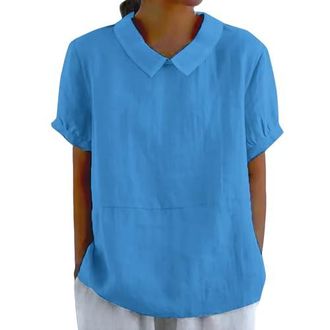 Generic Hauts d&eacute;t&eacute; pour femmes, chemises d&eacute;t&eacute; 2025 en coton et lin, jolies chemises d&eacute;t&eacute; &agrave; manches courtes, tunique d&eacute;contract&eacute;e &agrave; col, bleu lac, XXL