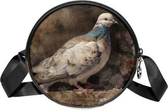 Generic Petit sac &agrave; bandouli&egrave;re rond pour femme, motif pigeon, vintage, avec fermeture &eacute;clair, bretelles r&eacute;glables, sac &agrave; main rond d&eacute;contract&eacute; pour femmes et