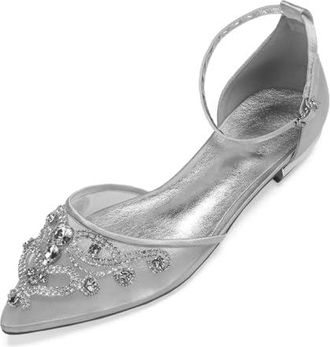 Generic Chaussures De Mariage Femme Bout Pointu Mariée Plates Robe Mariée Soirée Chaussures De Mariée 2Cm,Argent,39 EU