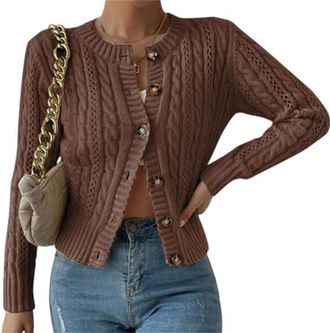 Generic Cardigan en tricot torsad&eacute; &agrave; manches longues pour femme - Cardigan d&eacute;contract&eacute; ouvert sur le devant, marron, XL