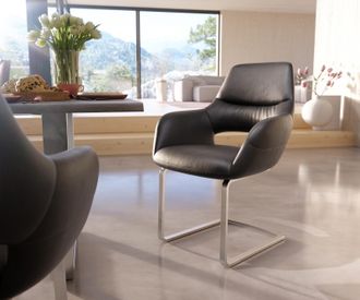 DELIFE Freischwinger Yago-Flex mit Armlehnen Echt-Leder Schwarz Freischwinger flach Edelstahl Taschenfederkern, Esszimmerst&uuml;hle