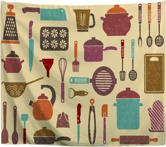 A.Monamour Wandteppiche Wanddekor Tuch Hintergrund Mit Küchengeschirr Im Handgezeichneten Stil Bild Stoff Wandtuch Wandbehang Wandkunst Wandbilder für Schlafzimm