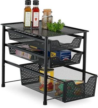 Relaxdays Schubladenregal, stapelbarer Büro Organizer, 3 Ausziehkörbe, Metall, Küche, Bad, HBT: 35x28x42,5 cm, schwarz