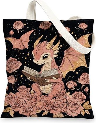 Generic Sac fourre-tout en toile motif dragon et rose, réutilisables, fantaisie, léger, lavable avec bandoulière, noir, 13x15 Inch