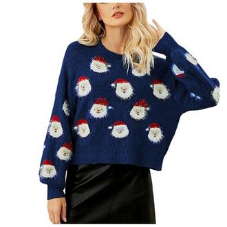 Generic Pull de Noël pour femme - Manches longues - Col rond - Motif Père Noël - Doux et chaud - Pour lhiver - Haut festif pour femme, noir foncé, S