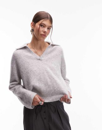 Arket Pull en laine et alpaga avec col polo - Gris chin&eacute;