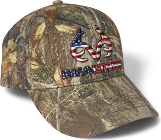 Realtree Patriotische Flaggenmütze, klassisch, vorgeformt, Schweißband, Snapback, 6 Panel, gesticktes Geweih-Logo und Markenzeichen, USA-Flaggenaufnäher, für H